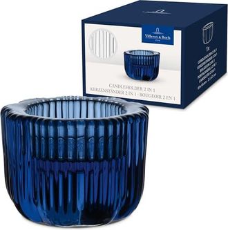 Villeroy & Boch Fleur Bleu Kerzenst&auml;nder 2-in-1 Blau, Sp&uuml;lmaschinenfest, Glas-Kerzenhalter in Blau F&uuml;r Teelichter und Stumpenkerzen/Stabkerzen, Handgefertigt, Deko Wo