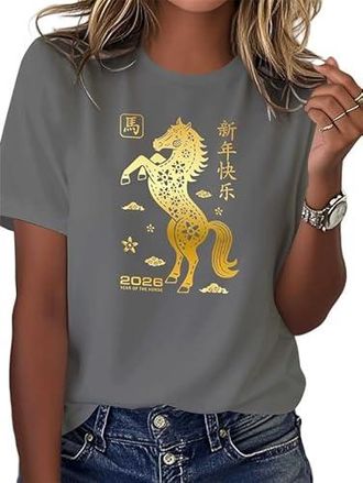 Keephen Joyeux Nouvel an Lunaire Chinois du Cheval 2026 Femmes T-Shirt Cheval Impression 3D Manches Courtes Col Rond Tops Blouse Pullover