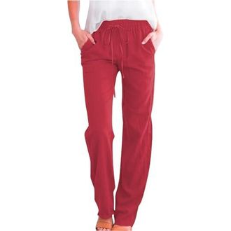 Generic Pantalon en lin pour femme Printemps &eacute;t&eacute; habill&eacute; taille haute avec cordon de serrage en coton droit Pantalon de d&eacute;tente Pantalon de plage, Rouge, XXL