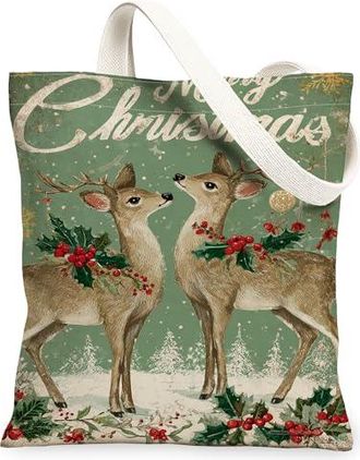 Generic Sacs fourre-tout en toile de cerf de No&euml;l, sacs d&eacute;picerie r&eacute;utilisables, vintage, l&eacute;gers et lavables avec bandouli&egrave;re, vert, 13x15 Inch