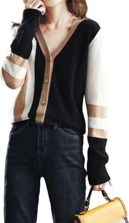 Generic Cardigan tendance pour femme avec col en V et rayures - Style paresseux d&eacute;contract&eacute;, Noir Camel Blanc, XS