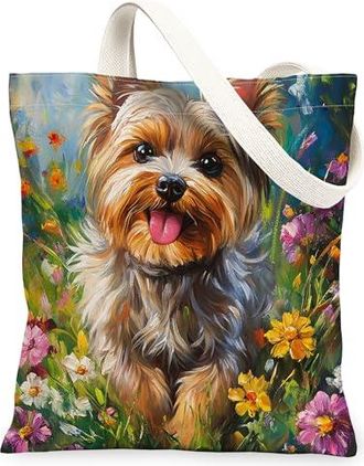Generic Spring Yorkies Sac fourre-tout en toile r&eacute;utilisable pour faire du shopping 33 x 38,1 cm, motif fleurs color&eacute;es pour femme, animal domestique, voyage,