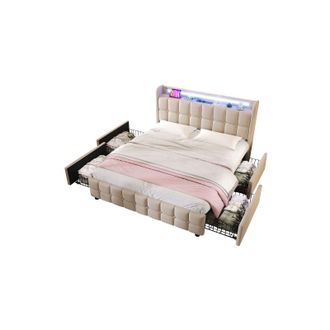 Liberte Libert&eacute; - Lit double rembourr&eacute; 180x200cm avec prise usb, &eacute;clairage led et 4 tiroirs, sommier &agrave; lattes en bois, beige