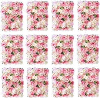 Nuptio 12 Pi&egrave;ces Panneau Mural Fleurs 60cm X 40cm Blanc Rose Faux Roses Fleur Artificielle Toile Fond Floral, Toile Fond Mur Fleurs pour la F&ecirc;te Mariage Douc