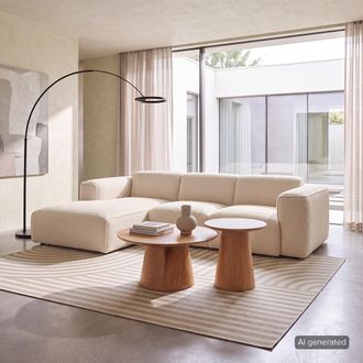 Studio Copenhagen home24 Ecksofa 3-Sitzer mit Longchair Beige Teddy-Boucl&eacute; Stoff Bony 251cm Longchair davorstehend links Modern