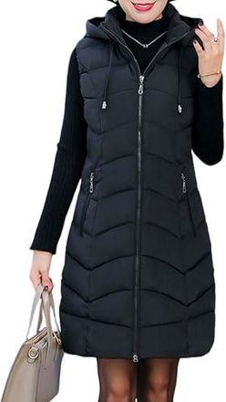 Generic Gilet matelass&eacute; sans manches &agrave; capuche pour femme avec fermeture &eacute;clair et ourlet &agrave; cordon de serrage, Noir, XXL