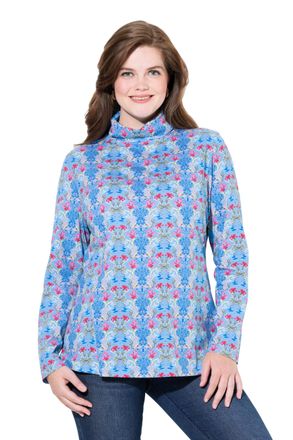 Ulla Popken Damen große Größen Übergrößen Plus Size Shirtrolli, floraler Druck, Rollkragen, Langarm graublau 58+ 834489740-58+