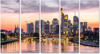 Islandburner Bild auf Leinwand Frankfurt Skyline bei Sonnenuntergang am Mainufer im Abendlicht Bilder Wandbilder Poster