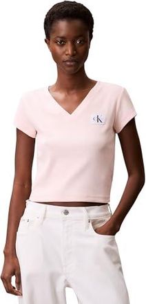 Calvin Klein T-Shirt Manches Courtes Femme Woven Label Rib Tee Col en V, Rose (Cloud Pink), L