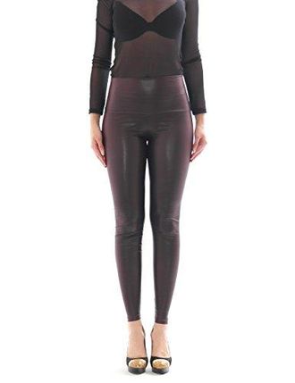 YESET Leggings Femmes Longue Pantalon Tube Treggings Brillant-Mat comme Latex Optique Cuir Verni Haut Taille Haute - Marron, L