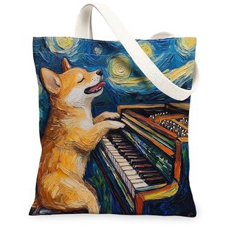 Generic Shiba Inu Sac fourre-tout en toile r&eacute;utilisable pour faire du shopping Motif piano &eacute;toil&eacute; nocturne 33 x 38 cm
