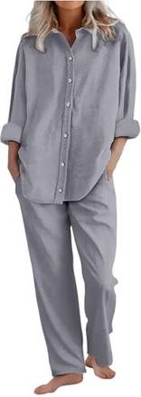 Generic Tenues 2 pièces pour femmes, survêtements pour femmes, grande taille, chemisiers boutonnés à manches longues et pantalon droit avec poches, vêtements 