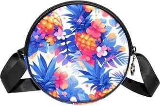 Generic Sac &agrave; bandouli&egrave;re rond pour femme, motif fleurs dananas avec fermeture &eacute;clair, bretelles r&eacute;glables, sac &agrave; main rond d&eacute;contract&eacute; pour femmes et filles