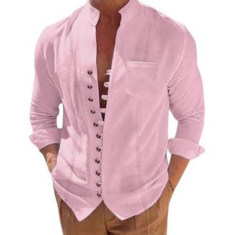 Generic Chemise d&eacute;t&eacute; en coton et lin pour homme - Printemps et automne - Chemise d&eacute;contract&eacute;e &agrave; col montant - Chemise &agrave; manches longues - Chemise en coton pou
