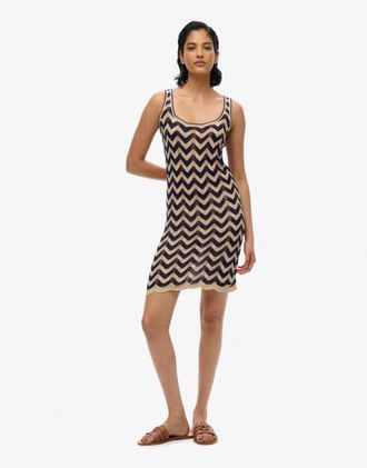 Superdry Robe courte en maille &agrave; motif zigzag - Bleu marine et dor&eacute;