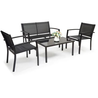 IntimaTe WM Heart Salon de jardin ensemble de salon de jardin ext&eacute;rieur meuble de jardin 4 pi&egrave;ces 3 chaises et 1 table en verre tremp&eacute; pour jardin balcon noir Mondeer