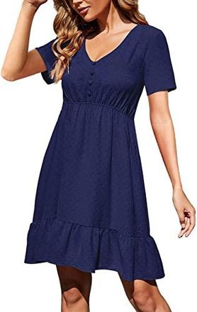 Generic Robes amincissantes d&eacute;t&eacute; pour femmes, mode d&eacute;contract&eacute;e, col en V, boutons solides, corset en mousseline de soie, robe &agrave; manches courtes, noir fonc&eacute;, 