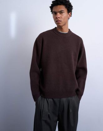Topman Pull ras de cou d&eacute;contract&eacute; en maille - Marron-Brown