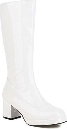 Generic Bottes montantes tendance à bout carré en cuir PU verni pour femme, chaussures habillées dhiver pour les loisirs et les fêtes, blanc, 37.5 EU