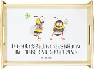 Mr. & Mrs. Panda Tablett Hummeln Kleeblatt - Geschenk, gl&uuml;cklich Werden, Lustige Spr&uuml;che, serviertablett Holz, Sein, Bett, Holztablett, Spruch Positiv, Hummel, Biene D