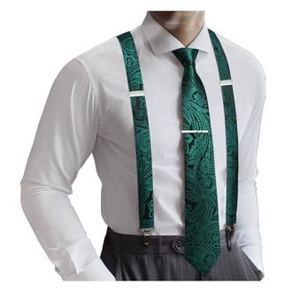 Barry.Wang Ensemble bretelles et cravates pour homme type X avec pince &agrave; cravate motif cachemire pour mariage, bal de fin dann&eacute;e, Vert, taille unique