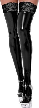 Feoya Bas Simili Cuir Femme Brillant Chaussettes Longues Wetlook Lingerie Chaussettes pour Pole Dance Nightclub Noir XL