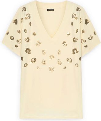 Fiorella Rubino Femme, Tops, Beige, Taille: 40 FR T-shirt en jersey de coton avec sequins motif animal