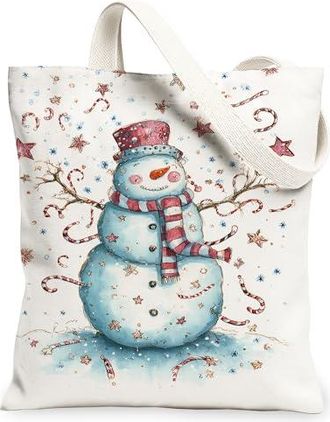 Generic Sacs fourre-tout en toile motif bonhomme de neige, jolis sacs de courses r&eacute;utilisables, motifs festifs de No&euml;l, l&eacute;gers et lavables, Blanc, 13x15 Inch