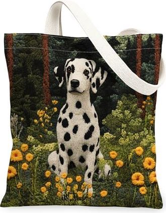 Generic Sac fourre-tout en toile motif chien dalmatien printanier, 33 x 38,1 cm, style tricot&eacute;, sac d&eacute;picerie r&eacute;utilisable pour femme, peinture esth&eacute;tique, d&eacute;