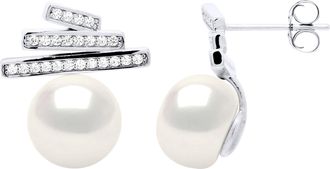 Ateliers Saint Germain Mit kubischen Zirkonia besetzte Ohrhängerstreifen - echte Süßwasser-Zuchtperle, Knopfgröße 9-10 mm