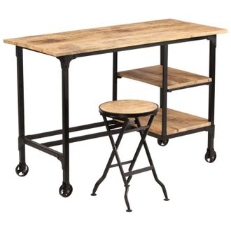 vidaXL Vidaxl - Bureau gamer avec tabouret pliant en bois de manguier massif 115x50x76cm - Surface polie et laqu&eacute;e - 2 &eacute;tag&egrave;res et roulettes
