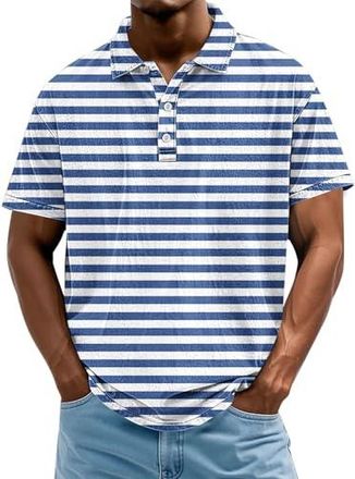 Generic Polo à manches courtes pour homme - Rayures horizontales - Couleurs contrastées - Col boutonné - Vintage, Polos bleus pour homme, XL