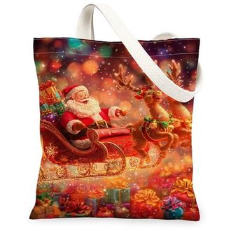 Generic Sacs fourre-tout en toile avec motif de rennes de No&euml;l, sacs de courses r&eacute;utilisables, l&eacute;gers et lavables, Rouge, 13x15 Inch