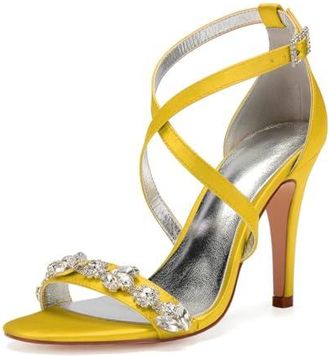 Generic Sandales Stylet Talons Bout Ouvert Femmes Satin Chaussures Mariage Mari&eacute;e Et&eacute; Talon Mariage Soir&eacute;e Chaussures Femmes10.5Cm,Jaune,38 EU