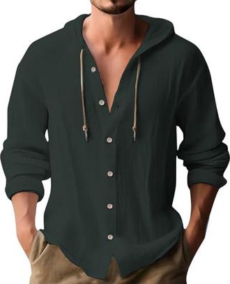 Generic Chemise en lin pour homme - Coton et lin - Sweat &agrave; capuche - Manches longues - Chemise d&eacute;t&eacute; &agrave; manches longues avec capuche - Boutonni&egrave;re - Couleur uni
