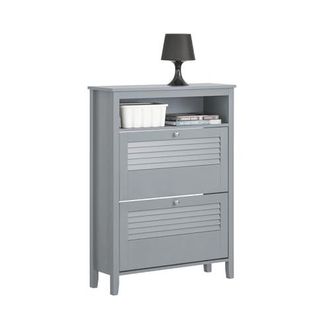 SoBuy Armoire &agrave; Chaussures Commode &agrave; Chaussures 2 Abattants Meuble de Rangement &agrave; Chaussures Meuble dentr&eacute;e Coffre Rangement pour Chaussures, Gris, 80 x 25 
