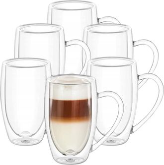 Wilmax England Wilmax | Doppelwandige Thermogläser mit Henkel | 6er-Set | 500 ml | Latte Macchiato Gläser Set | Cappuccino Gläser mit Henkel | Kaffeegläser | Teegläs