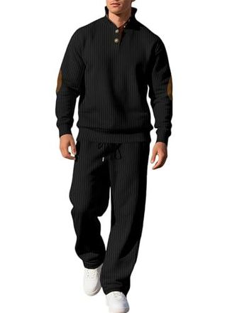 Generic Sweatshirt de sport d&eacute;contract&eacute; 2 pi&egrave;ces pour homme - T-shirt &agrave; col montant - Polo dautomne - Haut ample et large - Pantalon de jogging, Noir, XXL