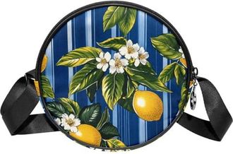 Generic Sac &agrave; bandouli&egrave;re circulaire pour femme, motif feuilles de citron, rayures bleues, petit sac &agrave; dos &agrave; bandouli&egrave;re avec fermeture &eacute;clair, bretelles r&eacute;gl
