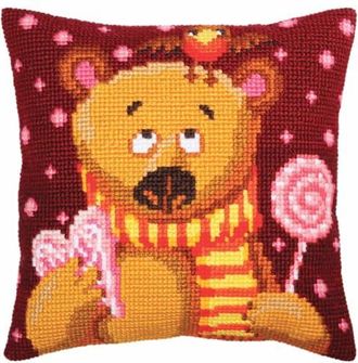 Collection D'Art Collection dArt 5394 Teddy mit Lutscher Kreuzstichkissen, Baumwolle, Mehrfarbig, 40x40cm
