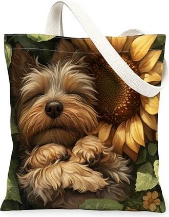 Generic Sac fourre-tout en toile motif chien yorkshire printanier 33 x 38,1 cm, sac d&eacute;picerie r&eacute;utilisable pour femme, peinture esth&eacute;tique, d&eacute;coration cadeau