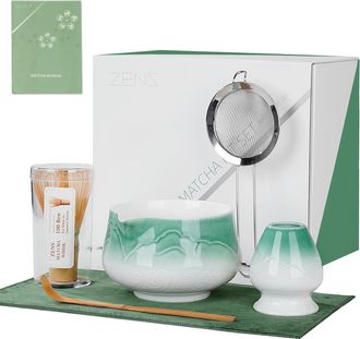 Zens Matcha Set mit Matchabesen, Japanisches Matcha-Teeservice mit Matcha Schale, Besenhalter, Matcha-Pulversieb und L&ouml;ffel & Teetuch f&uuml;r Matcha-Latte,Gesc