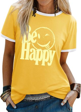 Dresswel Tshirt Damen Be Happy L&auml;chelndes Gesicht Druck T-Shirt Rundhals Kurzarm T Shirts Sommer Oberteile Tee Tops Bluse