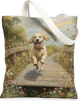 Generic Sac fourre-tout en toile r&eacute;utilisable avec motif labrador retriever printanier 33 x 38,1 cm, motif chiot de campagne, sac d&eacute;picerie pour femme, motif 