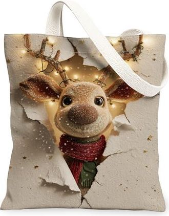 Generic Sacs fourre-tout en toile avec motif de renne de No&euml;l, sacs d&eacute;picerie r&eacute;utilisables, vintage, l&eacute;gers, lavables avec bandouli&egrave;re pour voyage, pique-niq