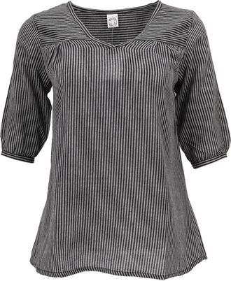 Guru Shop Leichte Baumwollbluse, Gestreifte Boho Schlupfbluse mit V-Ausschnitt - Schwarz/grau, Damen, Baumwolle, Size:XL