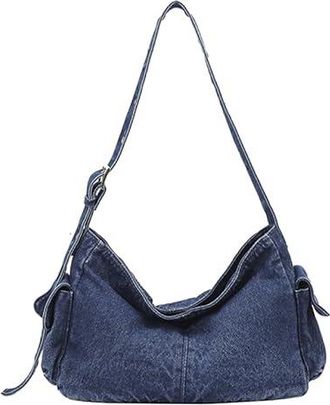 Generic Grand sac &agrave; bandouli&egrave;re d&eacute;contract&eacute; en denim pour femme, pour le travail, les voyages, bleu fonc&eacute;, 12.99x5.51x8.66inch