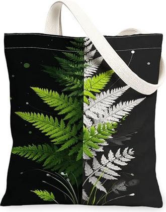 Generic Sac fourre-tout en toile motif de foug&egrave;re noire, sacs de courses r&eacute;utilisables, respectueux de lenvironnement, l&eacute;gers et lavables, noir, 13x15 Inch