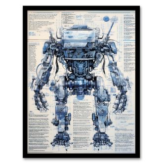 Artery8 Mech War Robot Hybrid Secret Military Schematic Blueprint Futuristic Complex Arcane Manuscript Gift for Him Man Cave Artwork Framed Wall Art Print A4
