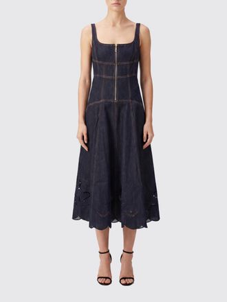 Self Portrait Midi-Kleid aus Baumwolldenim mit Spitzeneins&auml;tzen